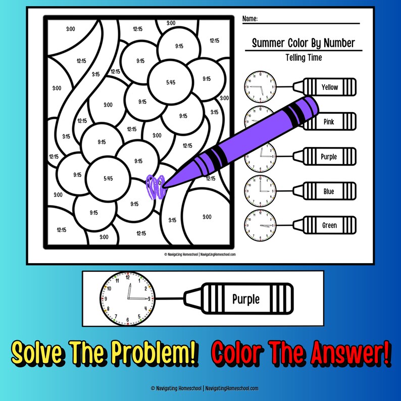 Summer Color by Number Telling Time, Color by Number for Kids, Summer ...