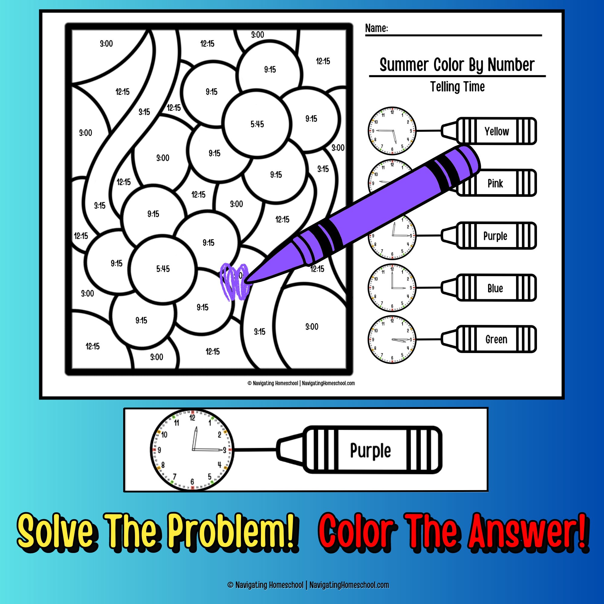 Summer Color by Number Telling Time, Color by Number for Kids, Summer ...