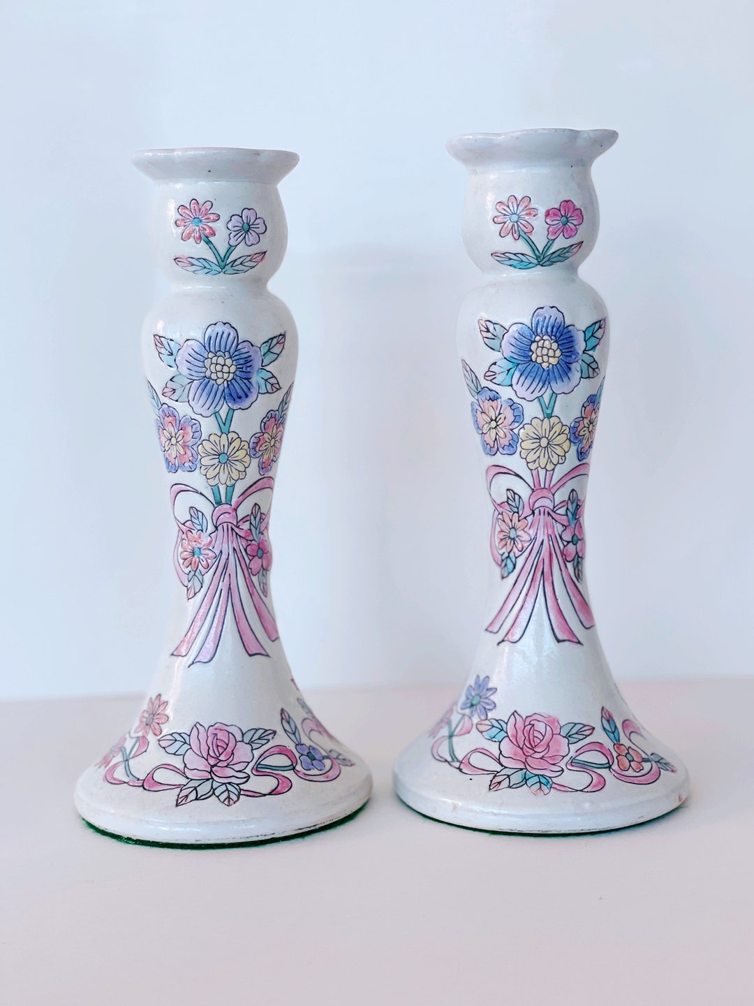 Vintage Ribbons & Bows Ceramic Pink Floral Chinoiserie Candleholders - Etsy