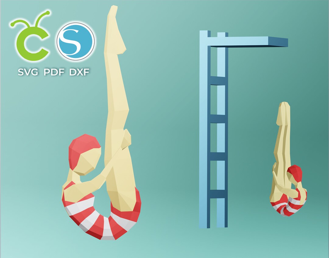 Swimmer-1 Papercraft + Lifebuoy, Ladder, SVG, PDF, DXF, Low Poly ...