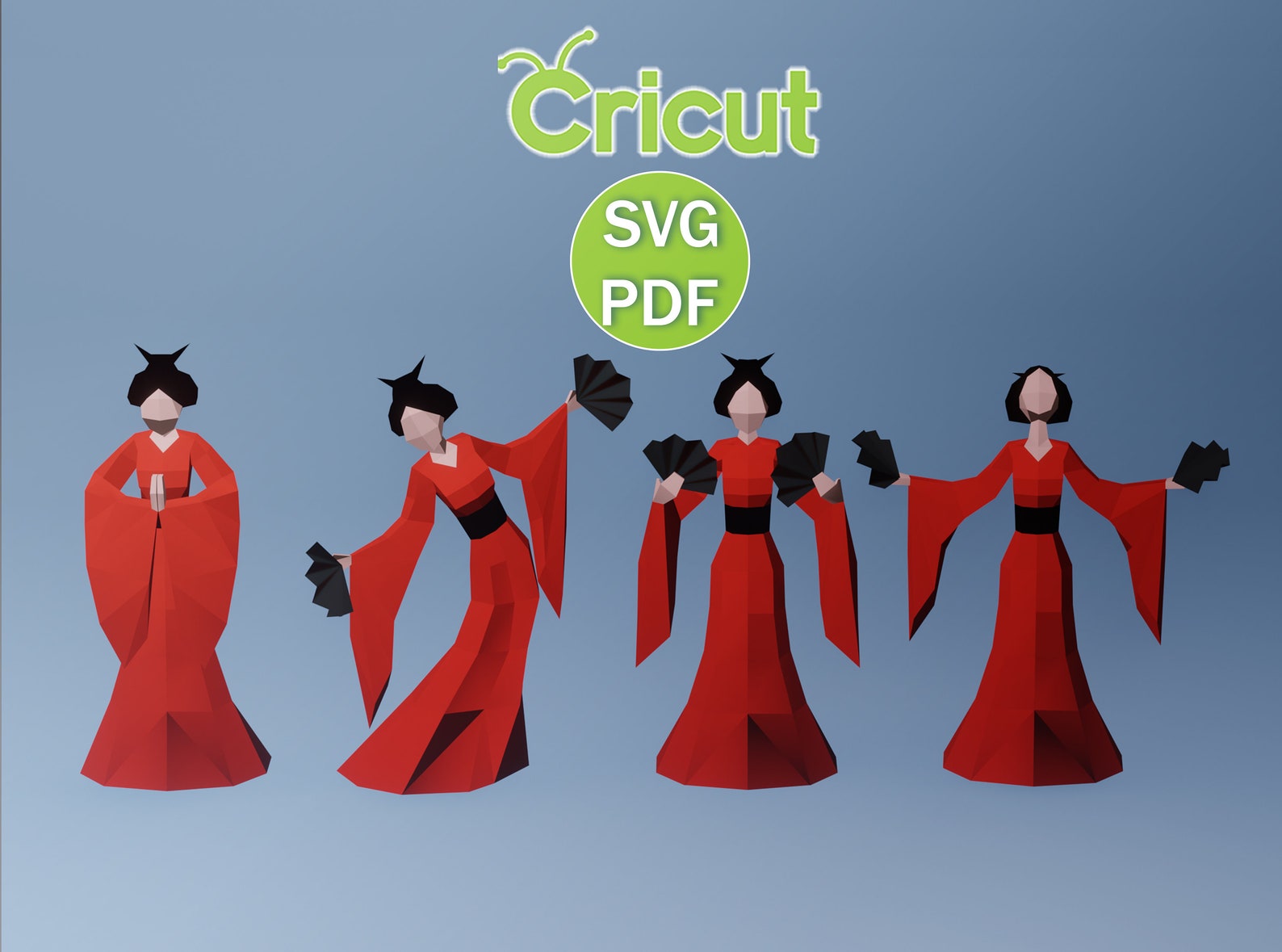 Papercraft Geisha 4 Collection Japanese Woman, SVG, DXF, PDF, Low Poly ...