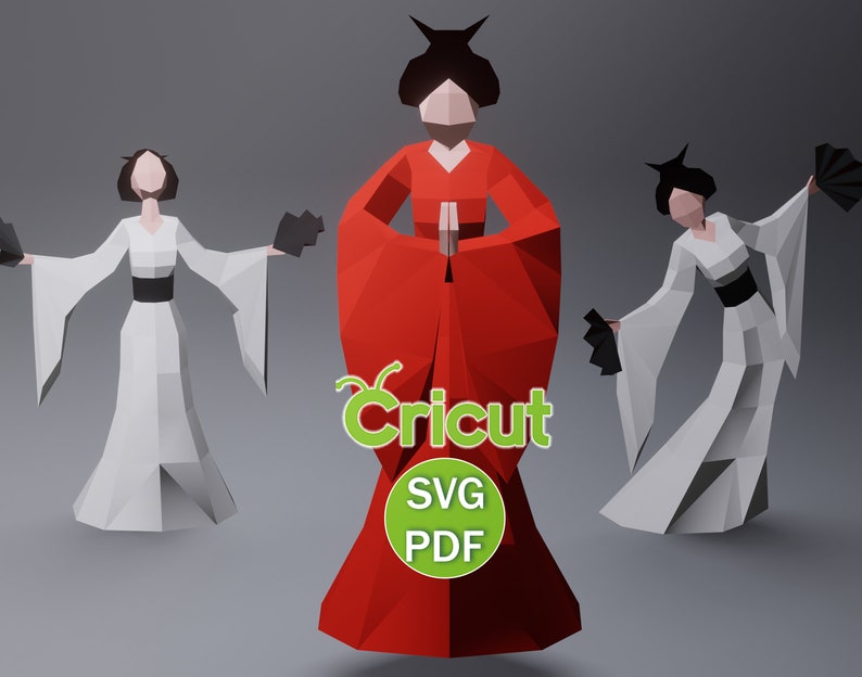 Papercraft Geisha (1) Mujer Japonesa, SVG, DXF, PDF, Mujer Low Poly ...