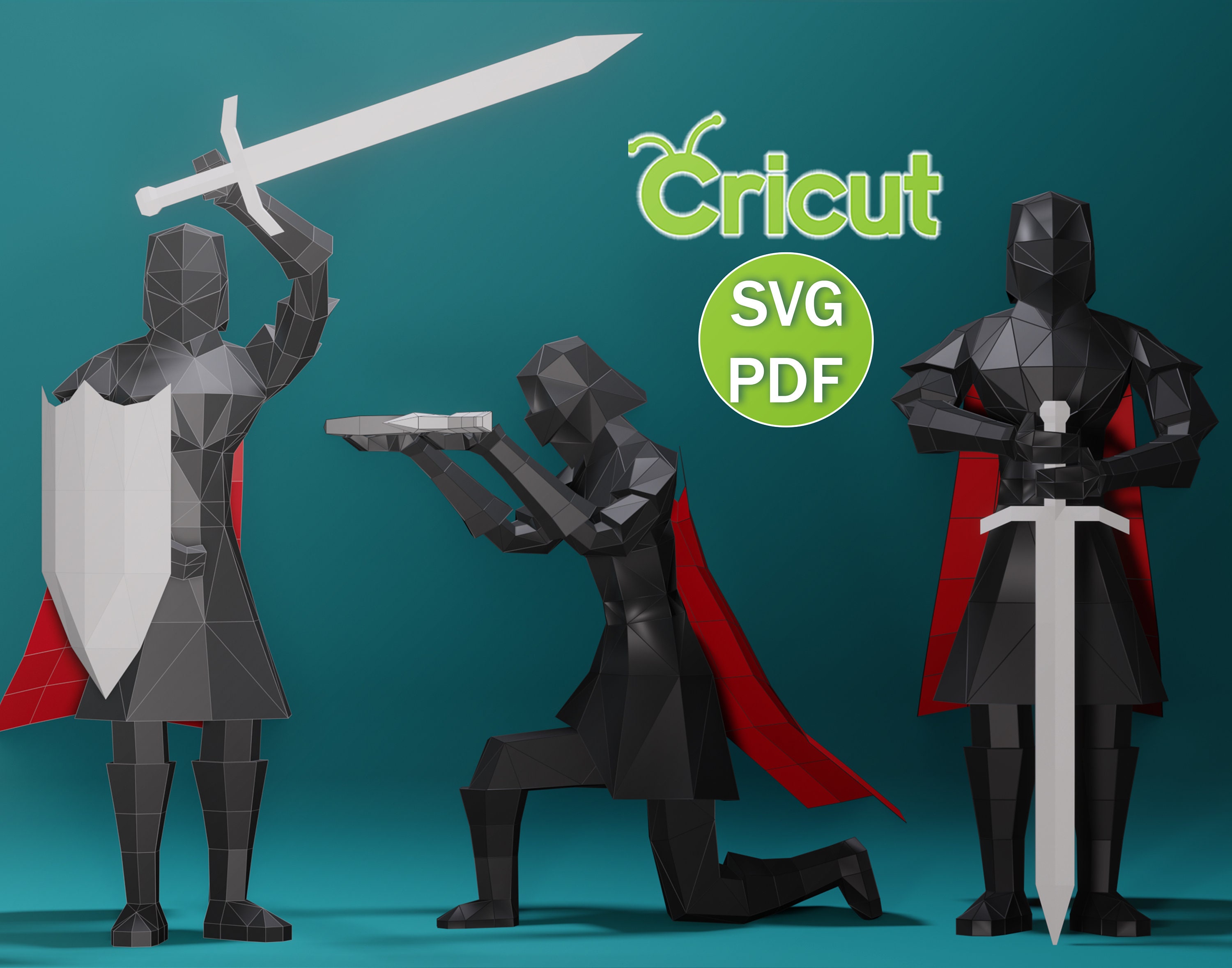 Papercraft 3x Knights, SVG, PDF, Low Poly Papercraft Cavalier, Paper ...