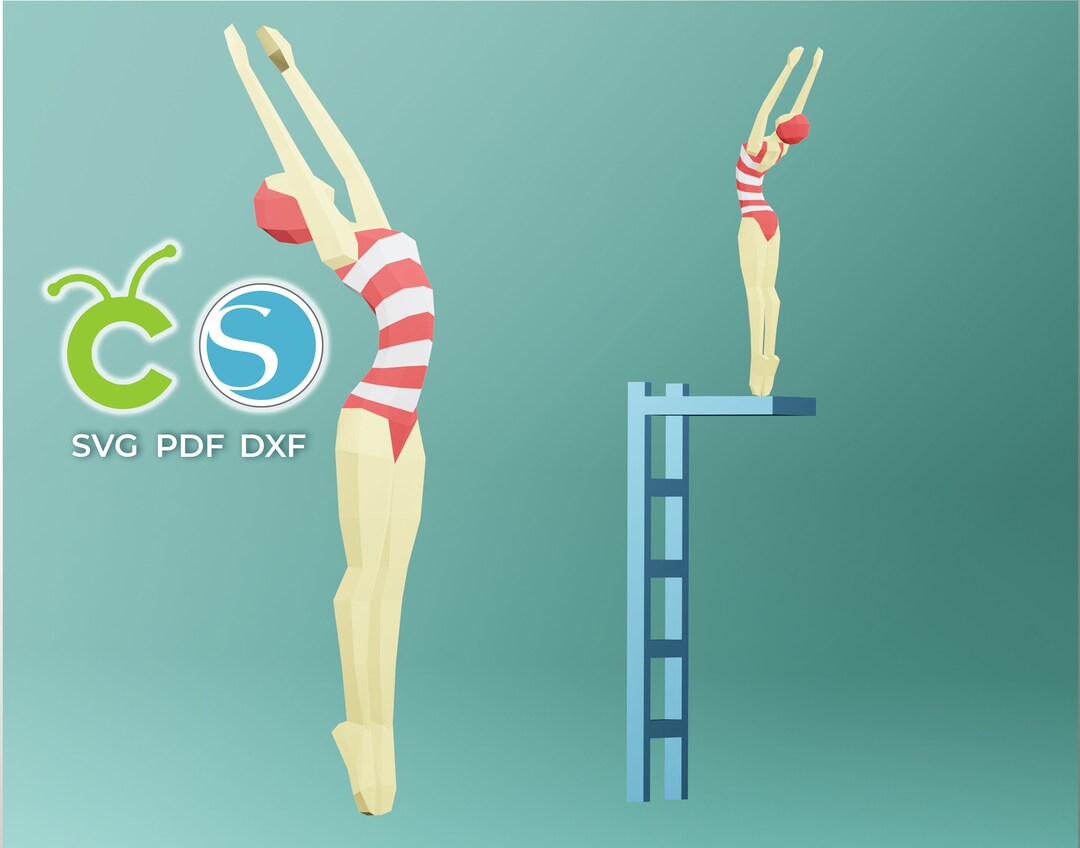 Swimmer-3 Papercraft + Lifebuoy, Ladder, SVG, PDF, DXF, Low Poly ...