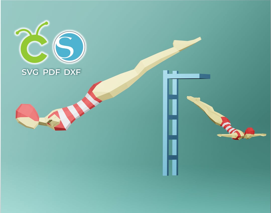 Swimmer Papercraft + Lifebuoy, Ladder, SVG, PDF, DXF, Low Poly ...