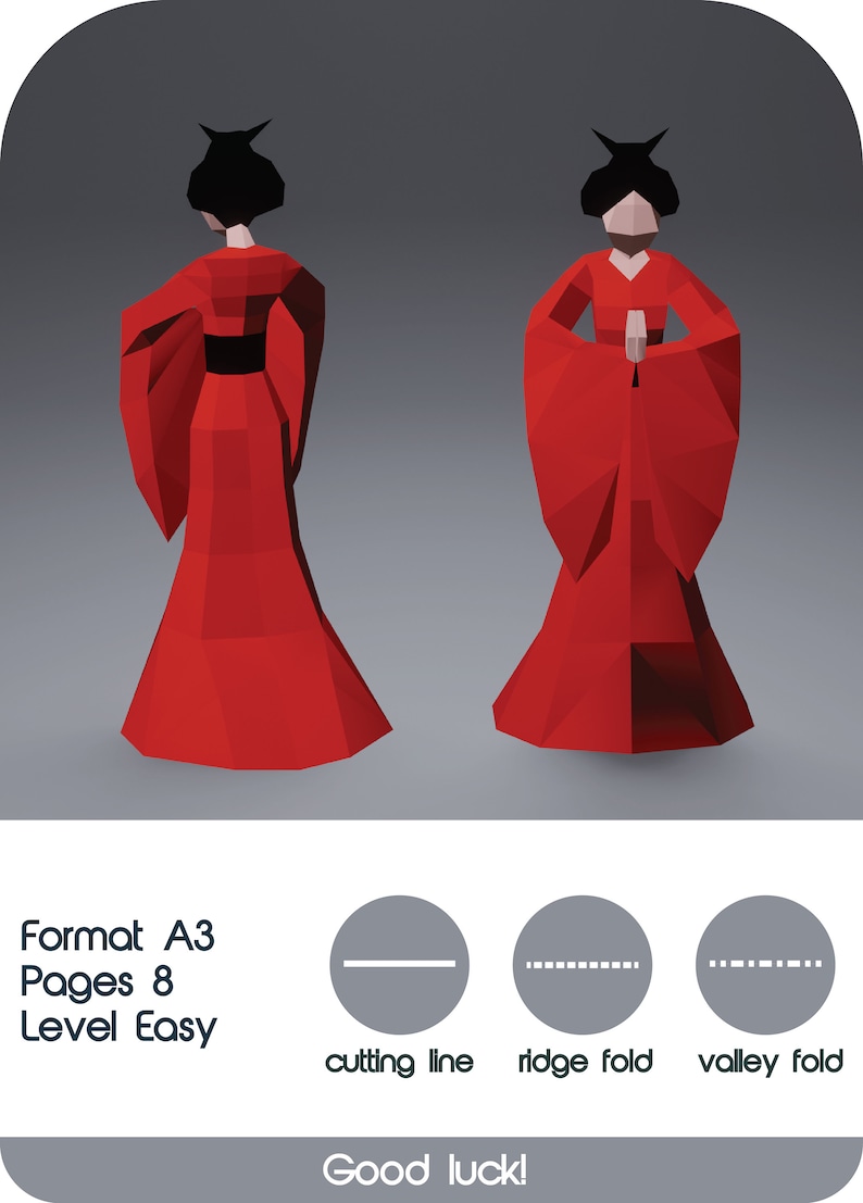 Papercraft Geisha (1) Japanese Woman, SVG, DXF, PDF, Low Poly ...