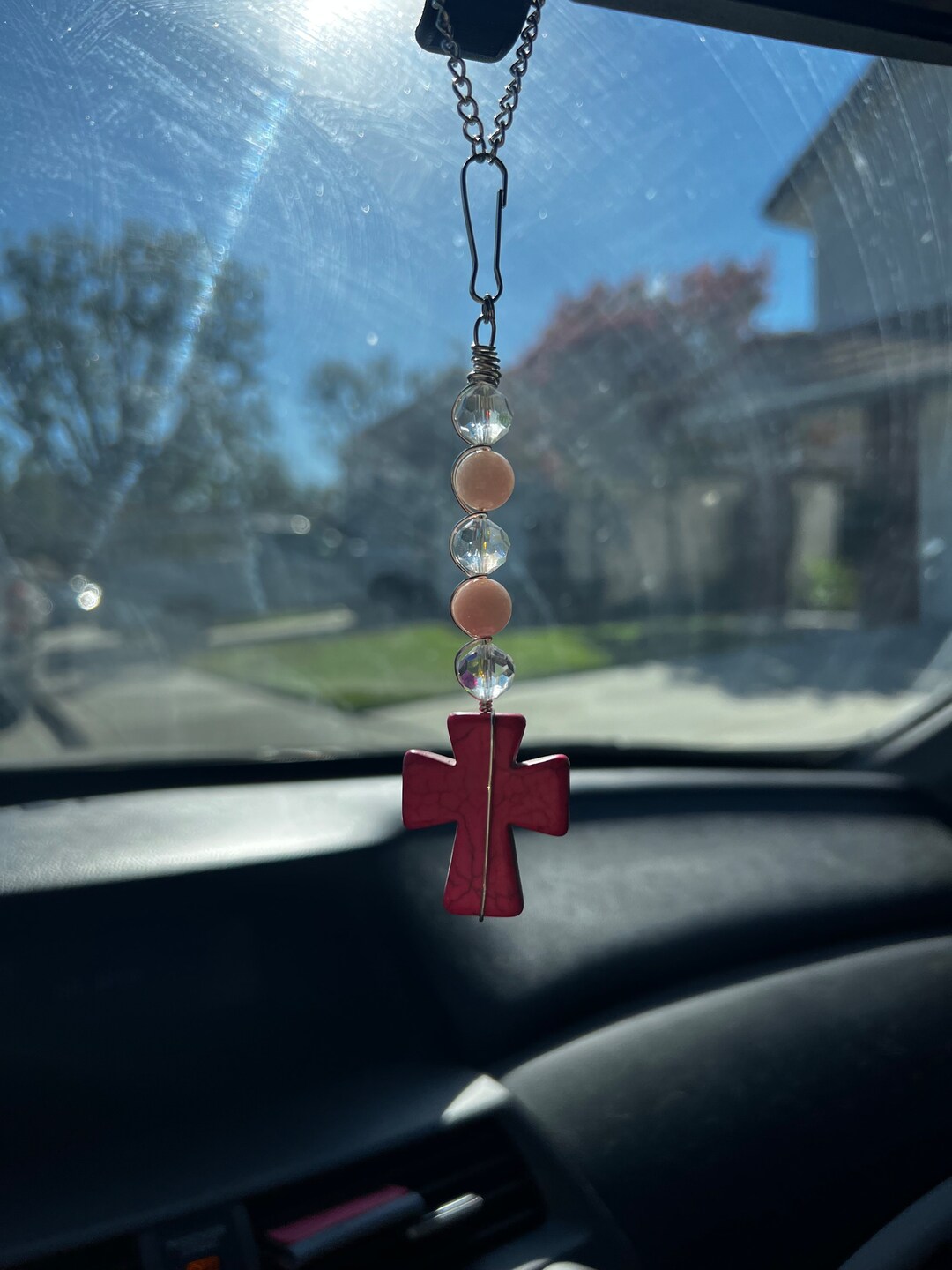 Pink & Clear Quartz W/ Cross Rear View Mirror Accessory / Car Charm - Etsy