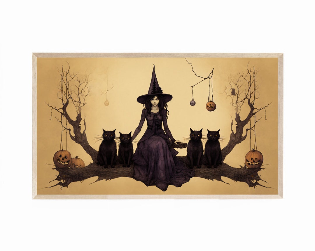 Halloween Witch and Her Black Cats Halloween Art for the Samsung Frame ...