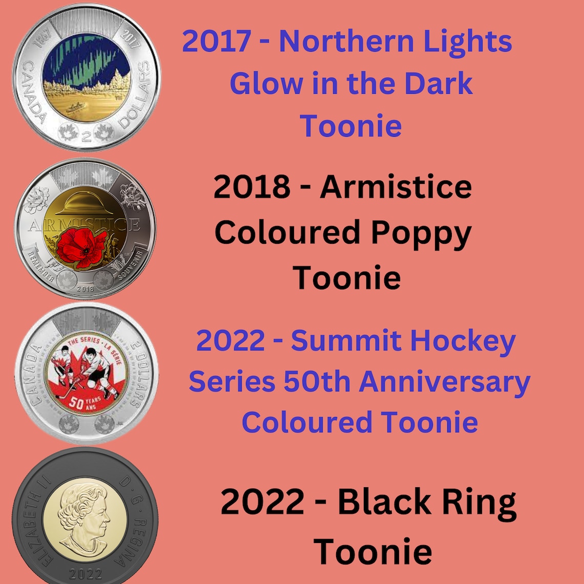Canada 9 Coloured Coin Collection Set - 2022 Black Ring Toonie - 2017 ...