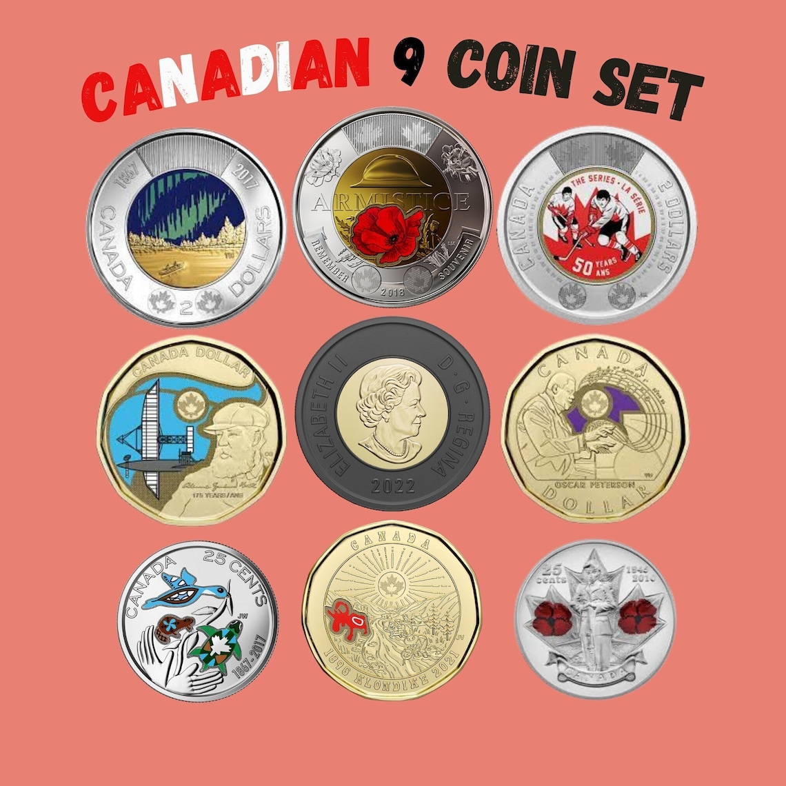 Canada 9 Coloured Coin Collection Set - 2022 Black Ring Toonie - 2017 ...