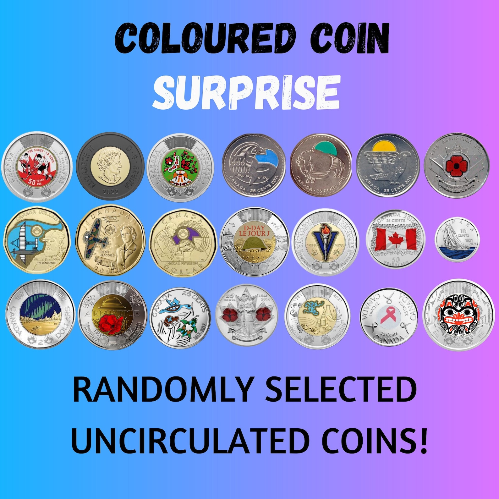 Colored Canadian Coin, Canadian Rare Coins, Random Surprise Mix ...