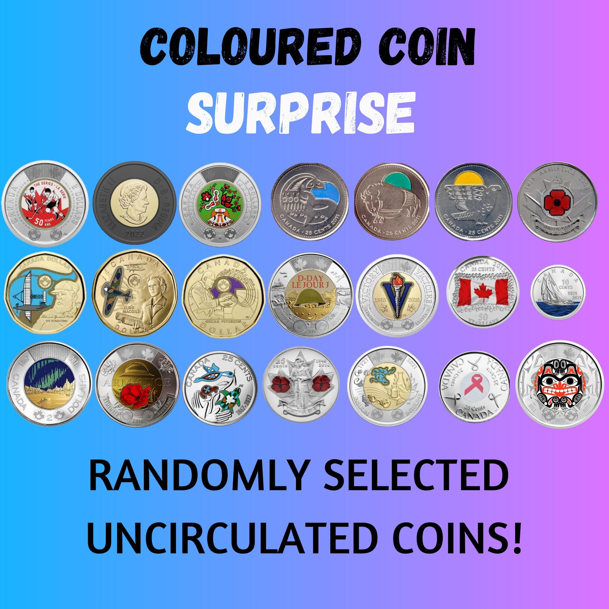 Colored Canadian Coin, Canadian Rare Coins, Random Surprise Mix ...