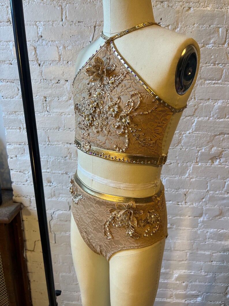 Stunning Beige Two Piece Dance Costume With Gold Trim and Beige ...