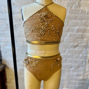 Stunning Beige Two Piece Dance Costume With Gold Trim and Beige ...