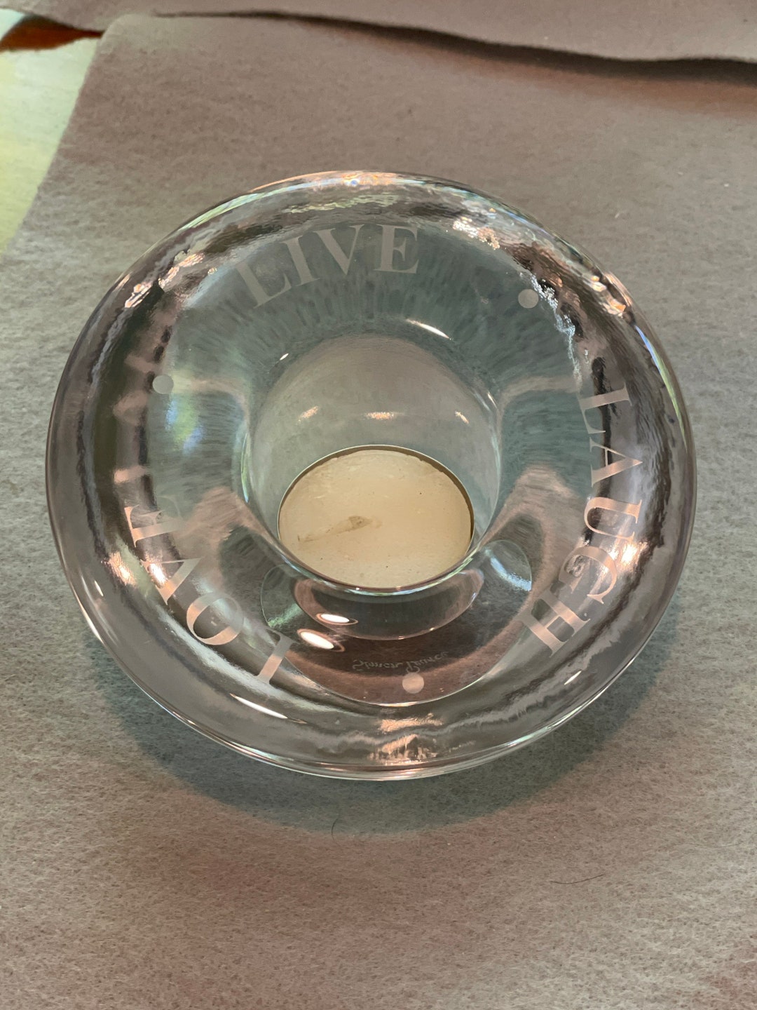 Simon Pierce Votive Candle Holder Love Live Laugh Signed Blown Glass 4. ...