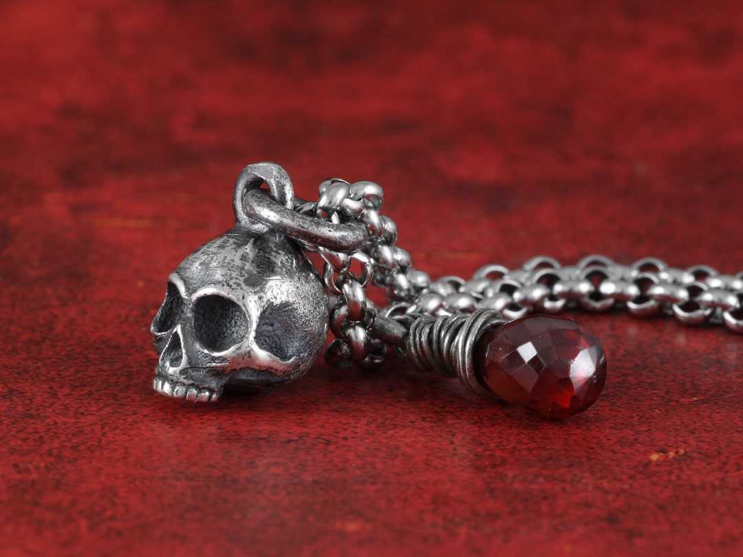 Mini Skull & Garnet Necklace - Sterling Silver Small Skull Pendant With ...