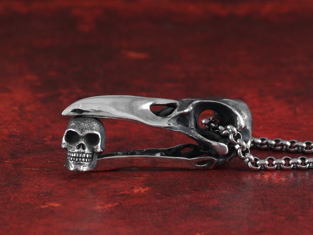 Raven Skull Necklace - Sterling Silver Raven & Human Skull Pendant ...