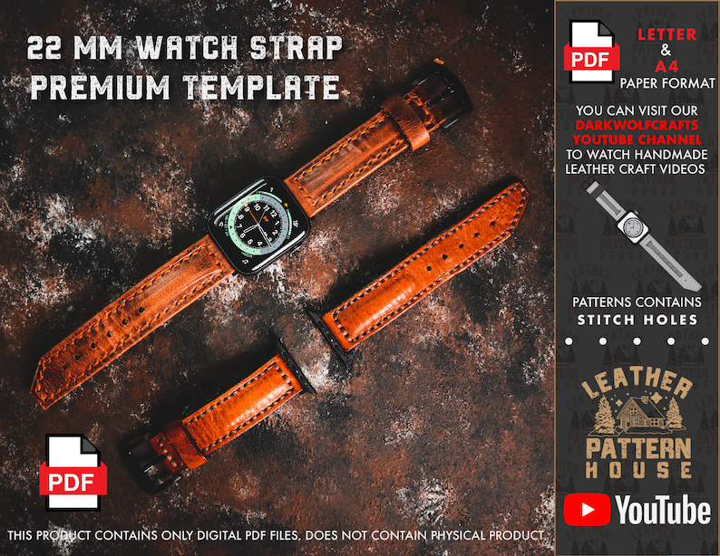 22 Mm Handmade Leather Watch Strap PDF Pattern, A4 Letter Pattern ...