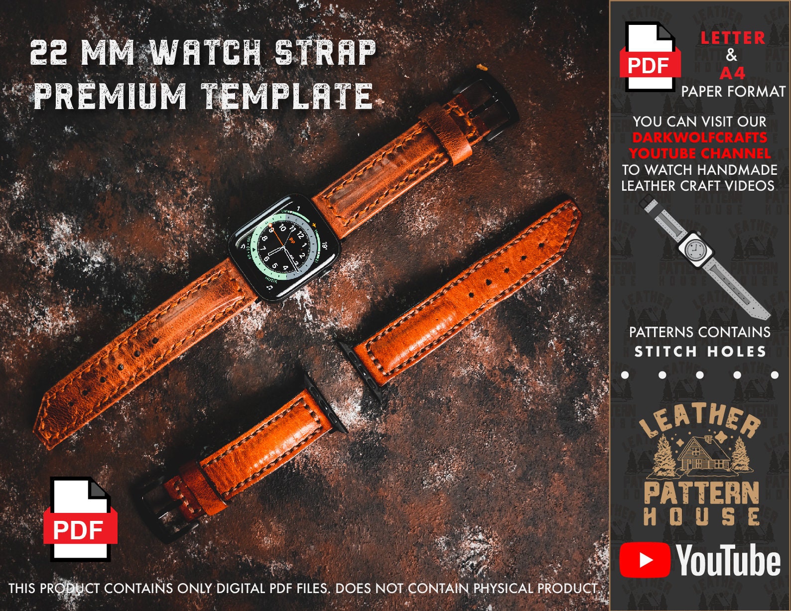 22 Mm Handmade Leather Watch Strap PDF Pattern, A4 Letter Pattern ...