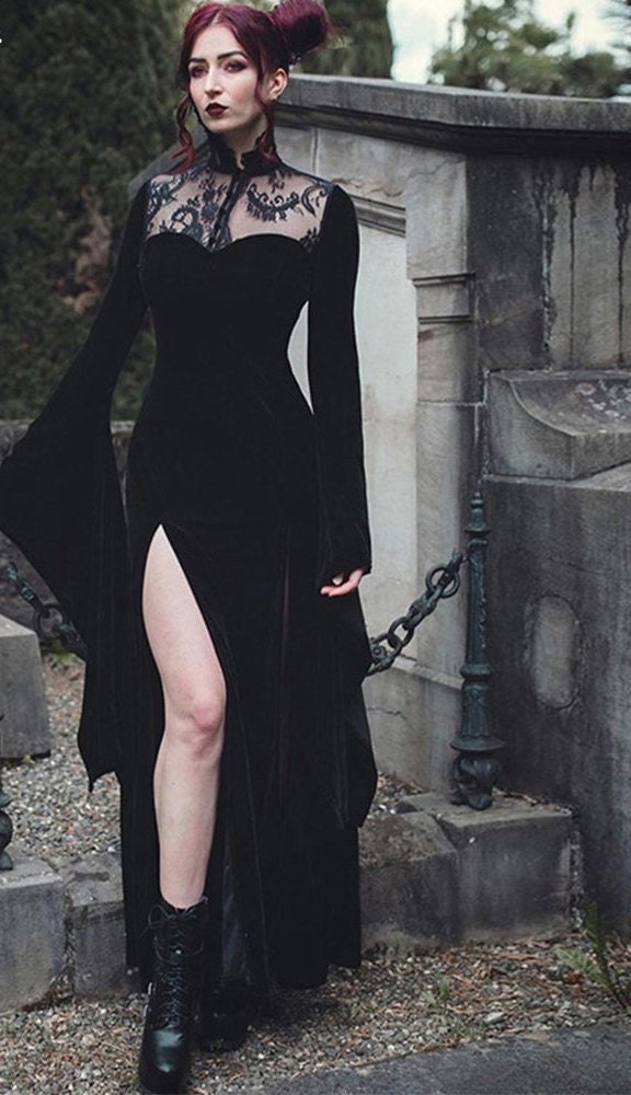 WEDDING ADDAMS FAMILY Morticia Black gothic witch costume Long Vampire ...