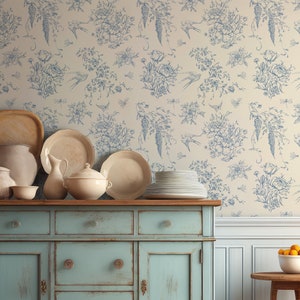 Vintage Toile French Country Wallpaper - Blue and White Peel and Stick ...