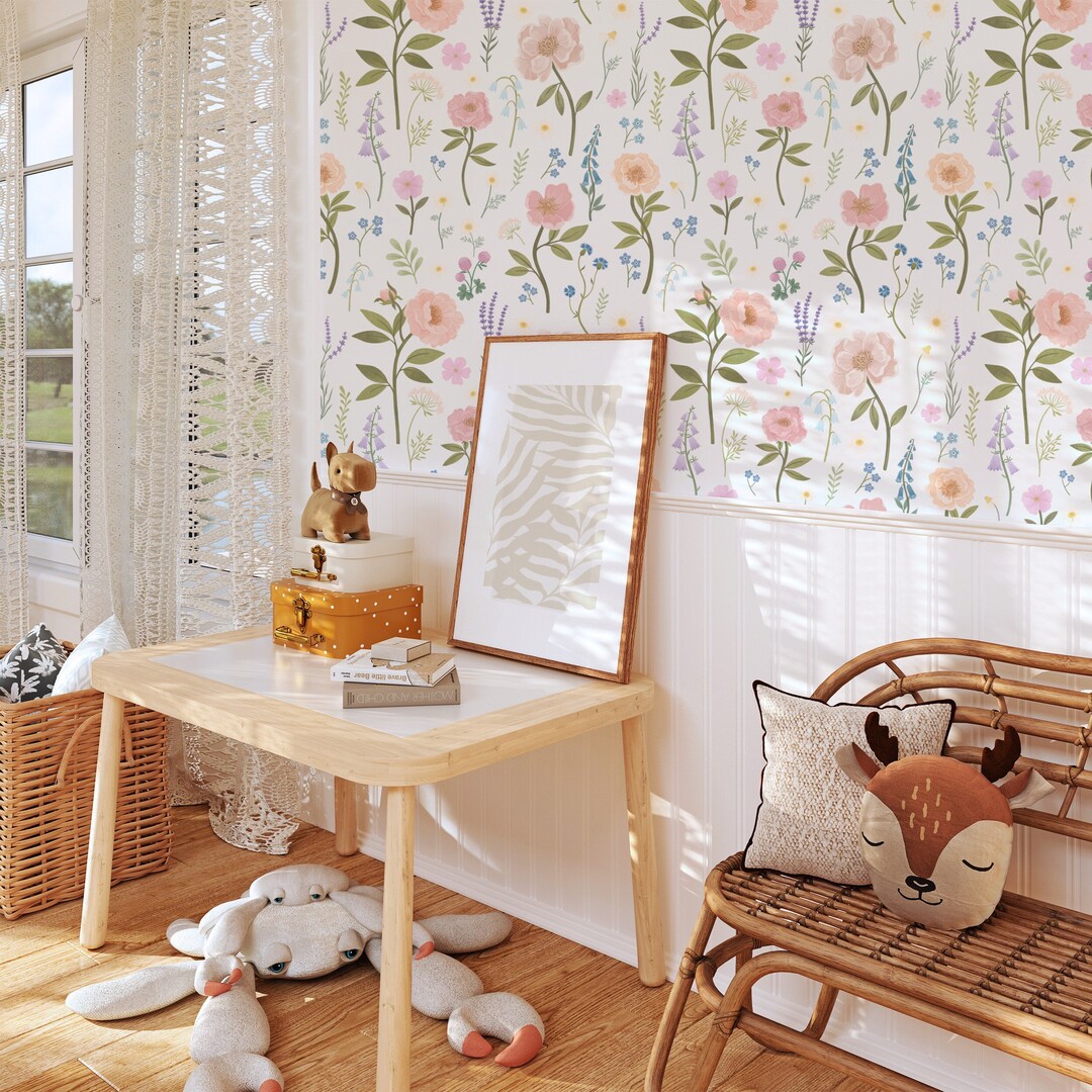 Nursery Wallpaper Pink Floral Blooms on Soft White Peel and Stick ...