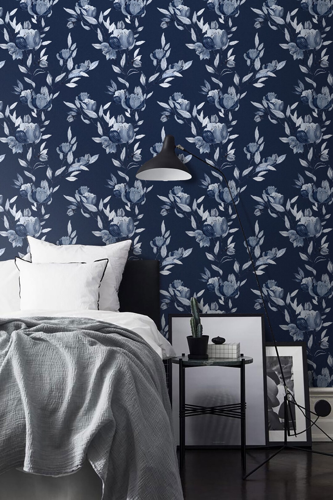 Indigo Blue Watercolor Flowers Removable Wallpaper - Dark Blue Peel and ...