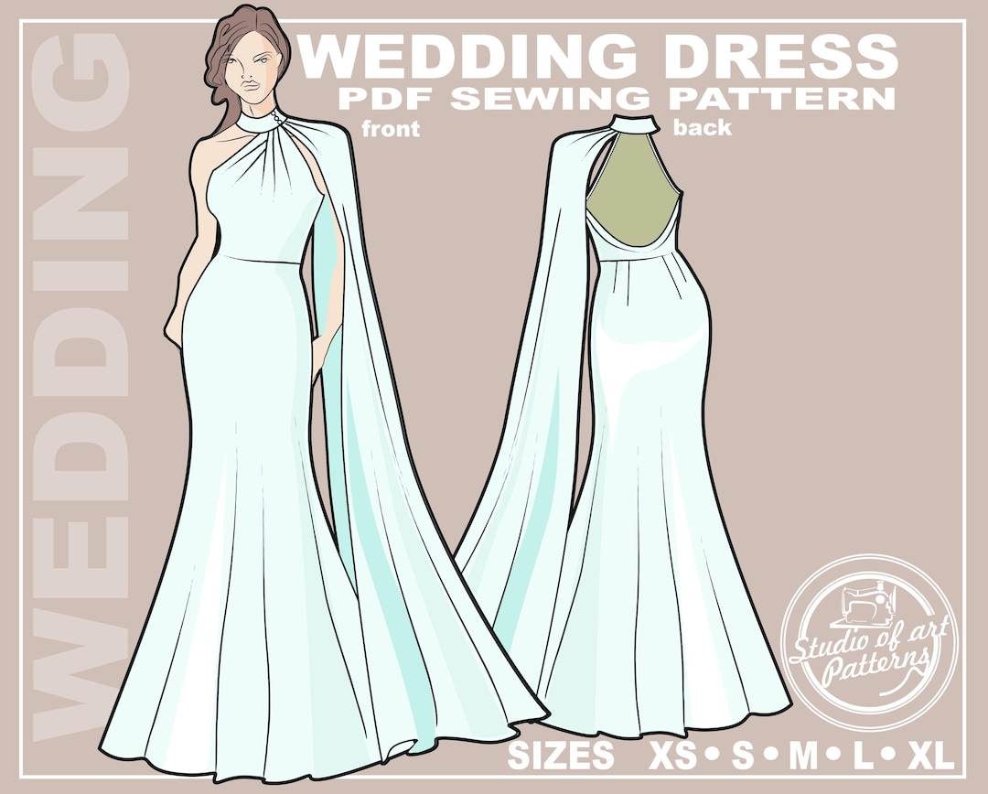 Mermaid Wedding Dress Sewing Pattern: Draped Bodice, Cape Sleeve (PDF ...