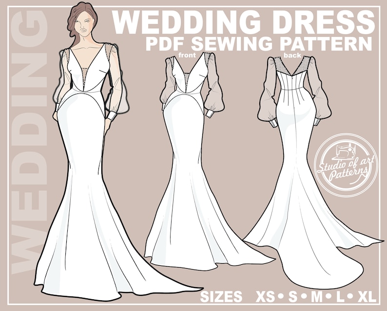 Mermaid Wedding Dress Sewing Pattern: Long Sleeves (PDF Digital ...