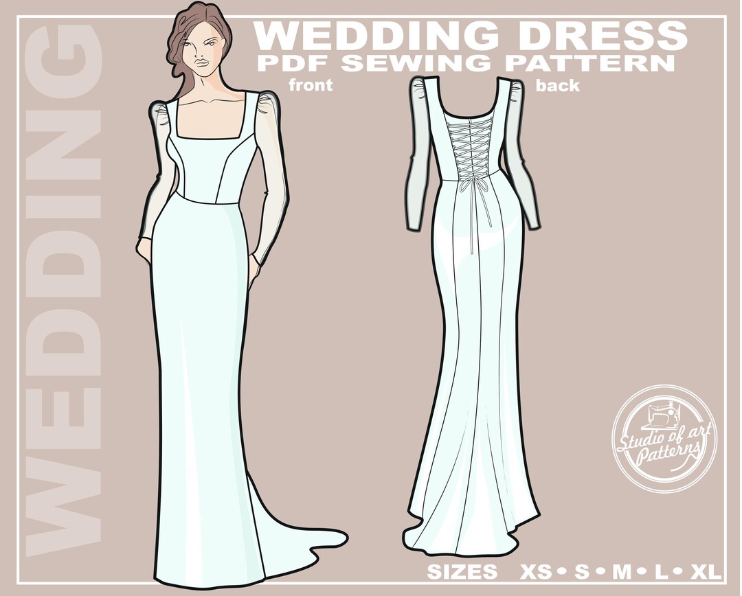 PATTERN WEDDING DRESS. Sewing Pattern Wedding Gown With Square Neckline ...