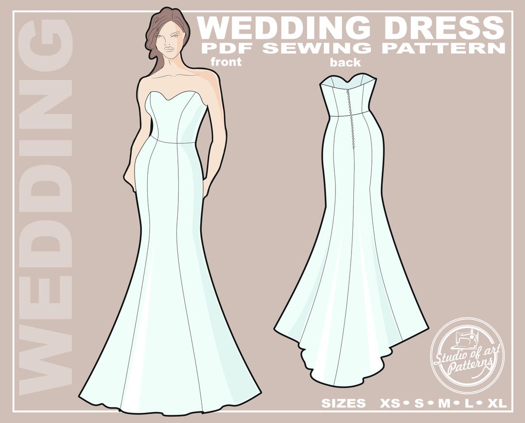Mermaid Wedding Gown Sewing Pattern Strapless Fitted Bridal Dress With ...