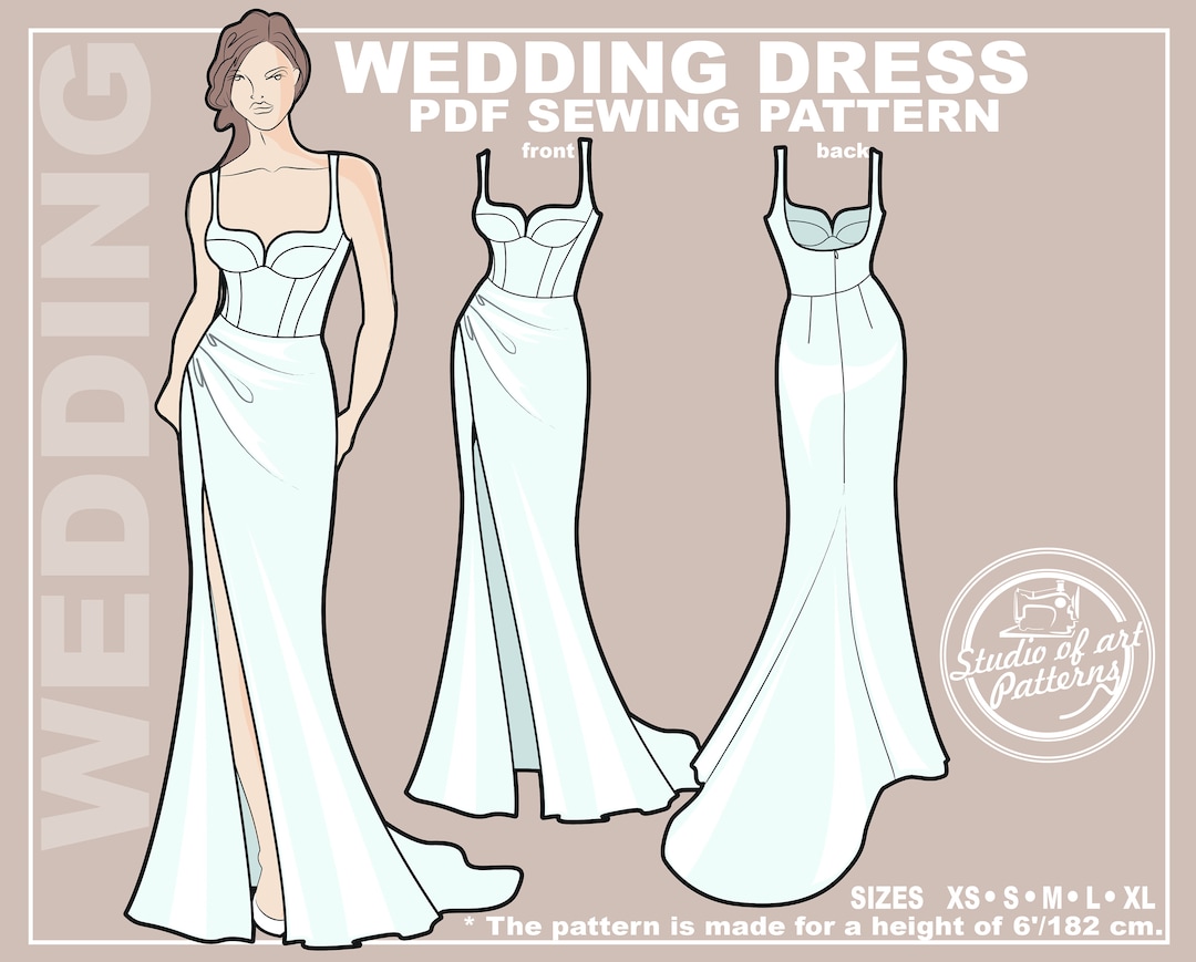 Tall Women's Wedding Dress Sewing Pattern: Draped Satin Bridal Gown ...
