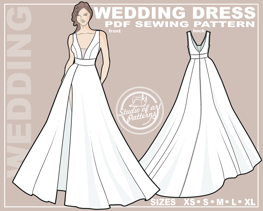 PATTERN WEDDING DRESS. Sewing Pattern Wedding Gown With Plunging ...