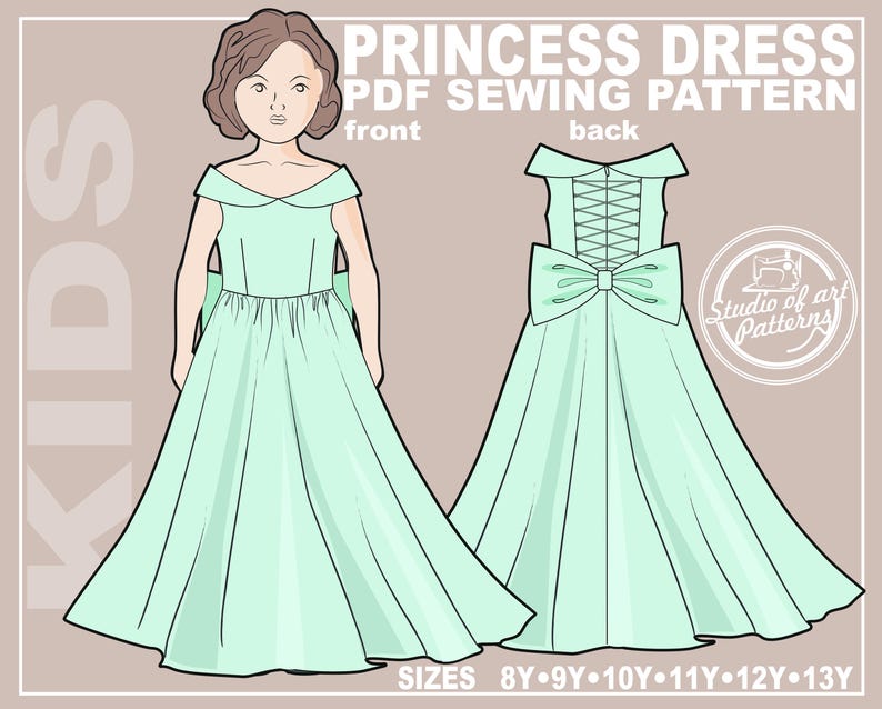 Kids Dress Sewing Pattern: Princess Style, Sizes 8-13 Years (PDF ...