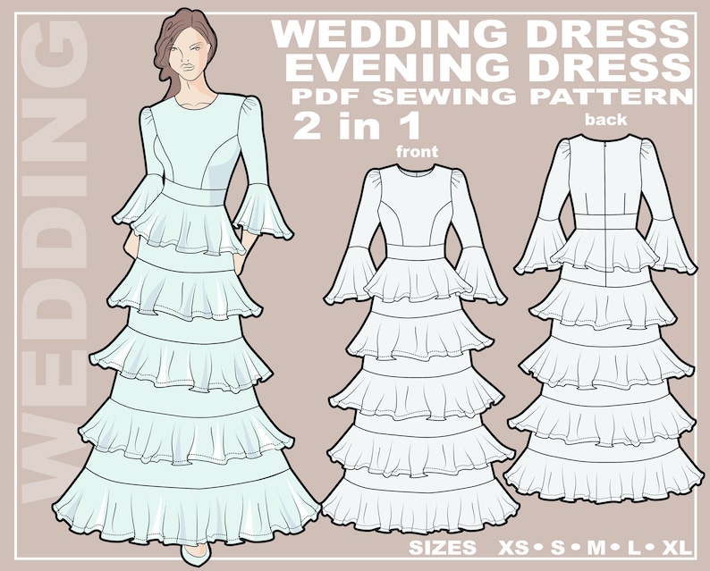 PATTERN WEDDING DRESS. Sewing Pattern Wedding Gown With Frills. Pattern ...