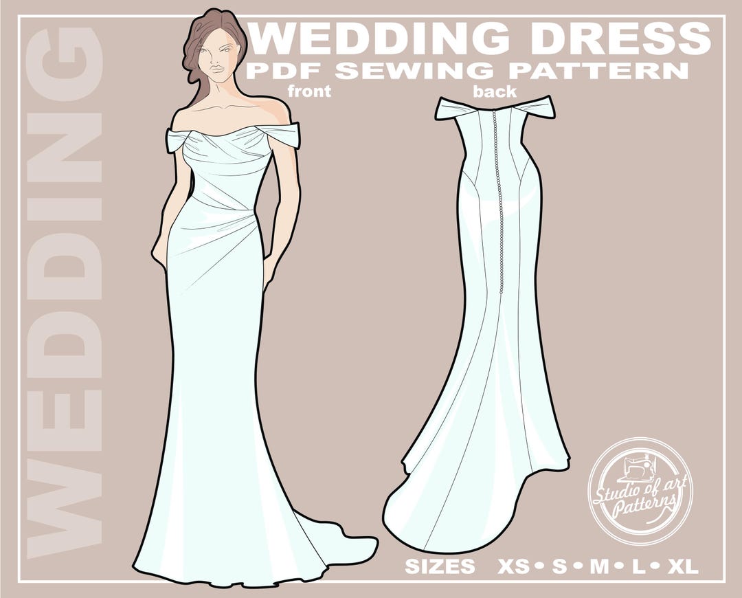 Off-shoulder Wedding Dress Sewing Pattern: Mermaid Gown With Train (PDF ...