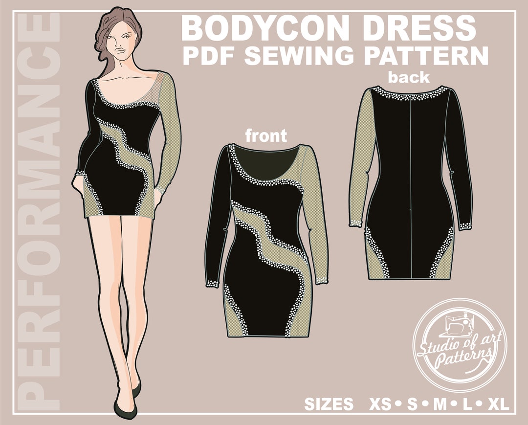 PATTERN BODYCON DRESS. Sewing Pattern Mini Dress. Digital Pack 5 Sizes ...