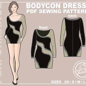 PATTERN BODYCON DRESS. Sewing Pattern Mini Dress. Digital Pack 5 Sizes ...