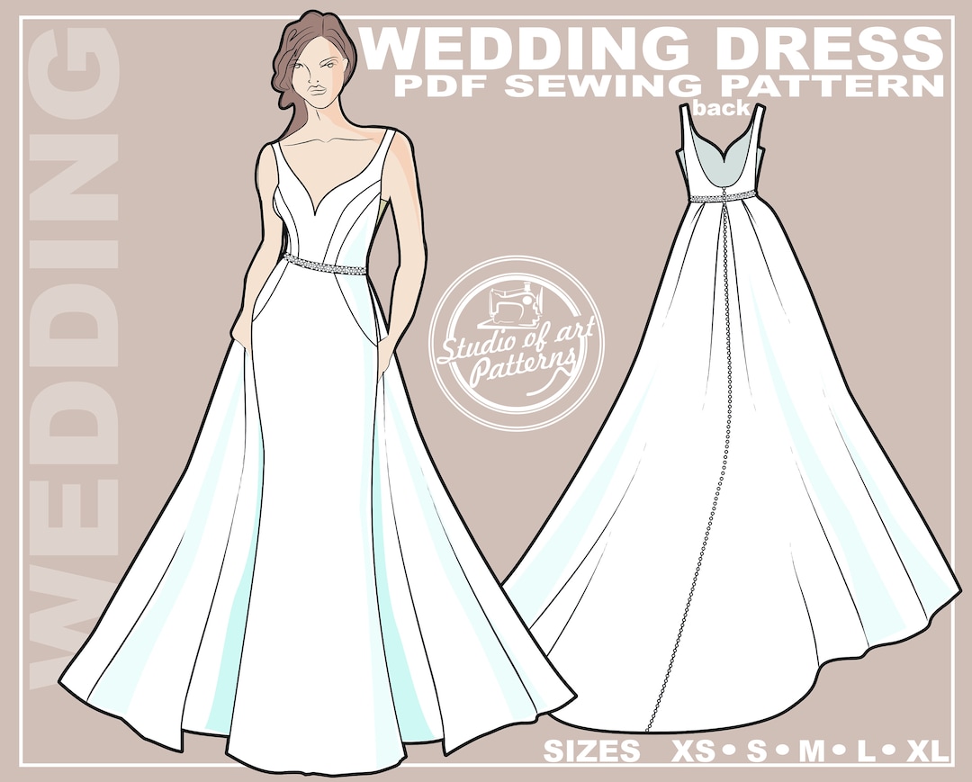 PATTERN WEDDING DRESS. Sewing Pattern Wedding Gown With Train. Digital Pack 5 Sizes. Instant ...