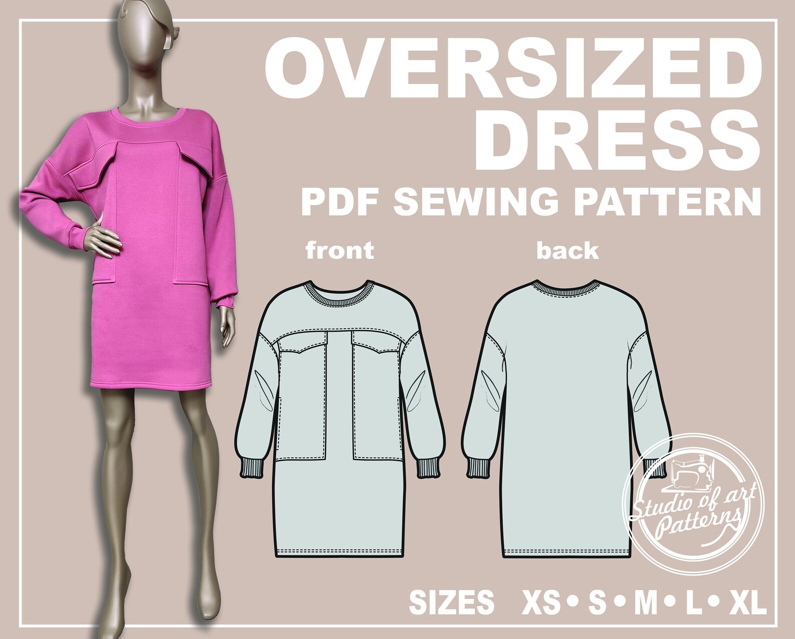 PATTERN OVERSIZED DRESS. Sewing Pattern Warm Short Dress. Digital Pack ...