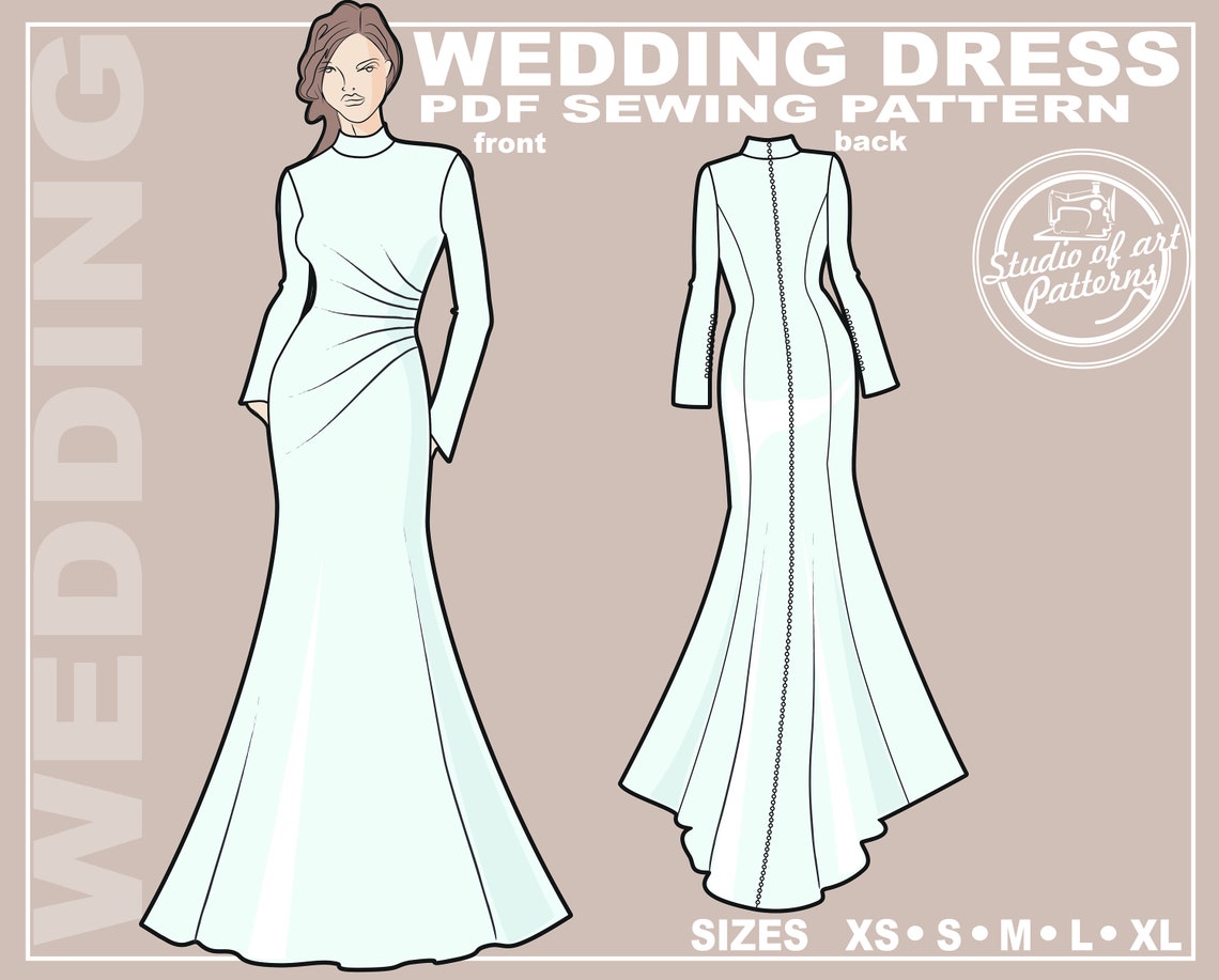 Muslim Bride Wedding Dress Sewing Pattern: Long Sleeves, Draped Bodice ...