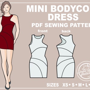PATTERN BODYCON DRESS. Sewing Pattern Mini Dress. Digital Pack 5 Sizes ...