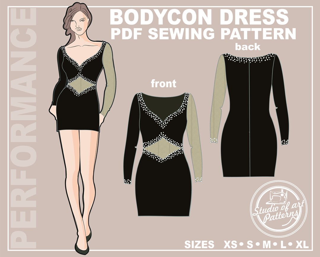 PATTERN BODYCON DRESS. Sewing Pattern Mini Dress. Digital Pack 5 Sizes ...
