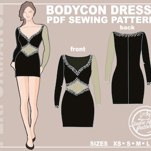 PATTERN BODYCON DRESS. Sewing Pattern Mini Dress. Digital Pack 5 Sizes ...