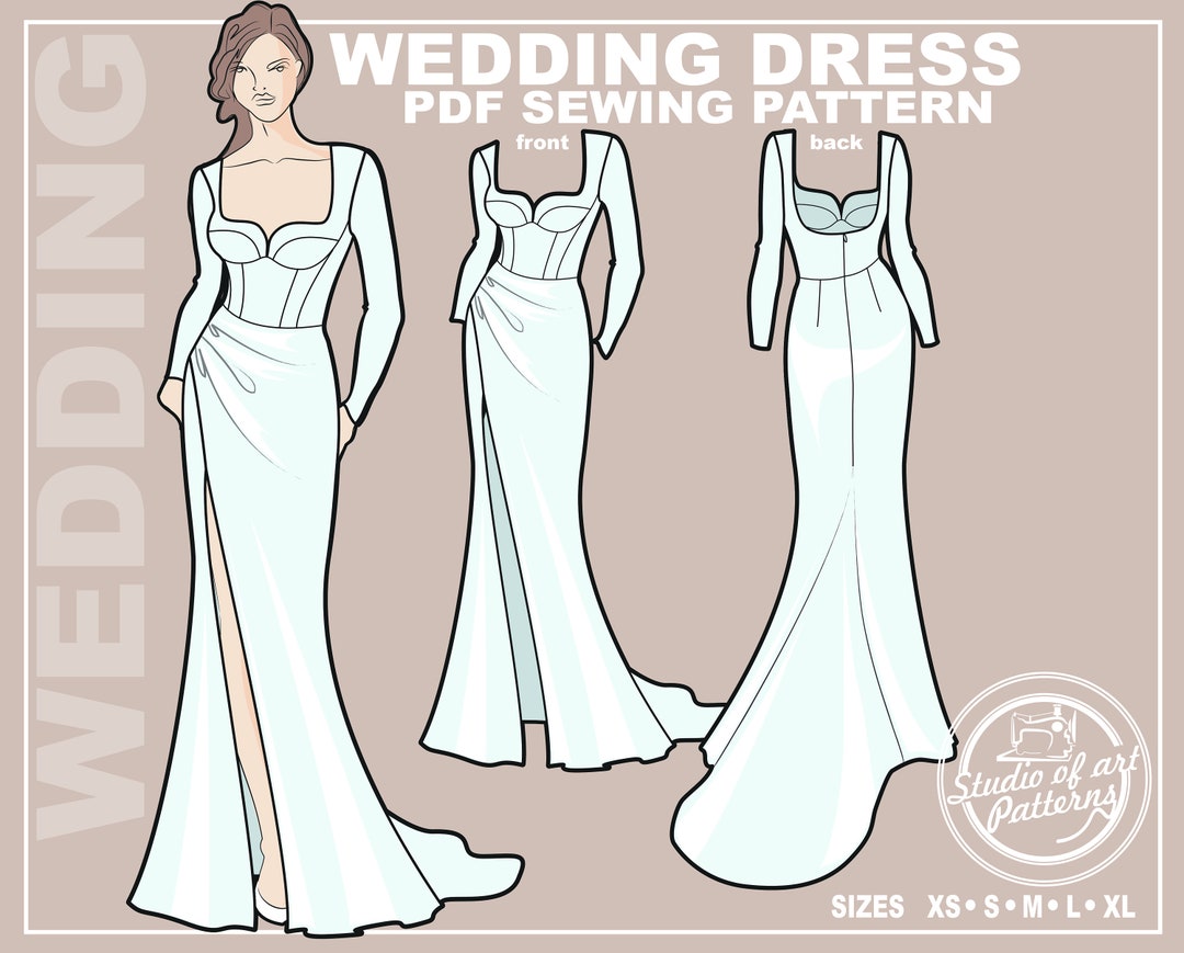 Sleeved Wedding Dress Sewing Pattern: Draped Mermaid Gown (PDF Digital ...