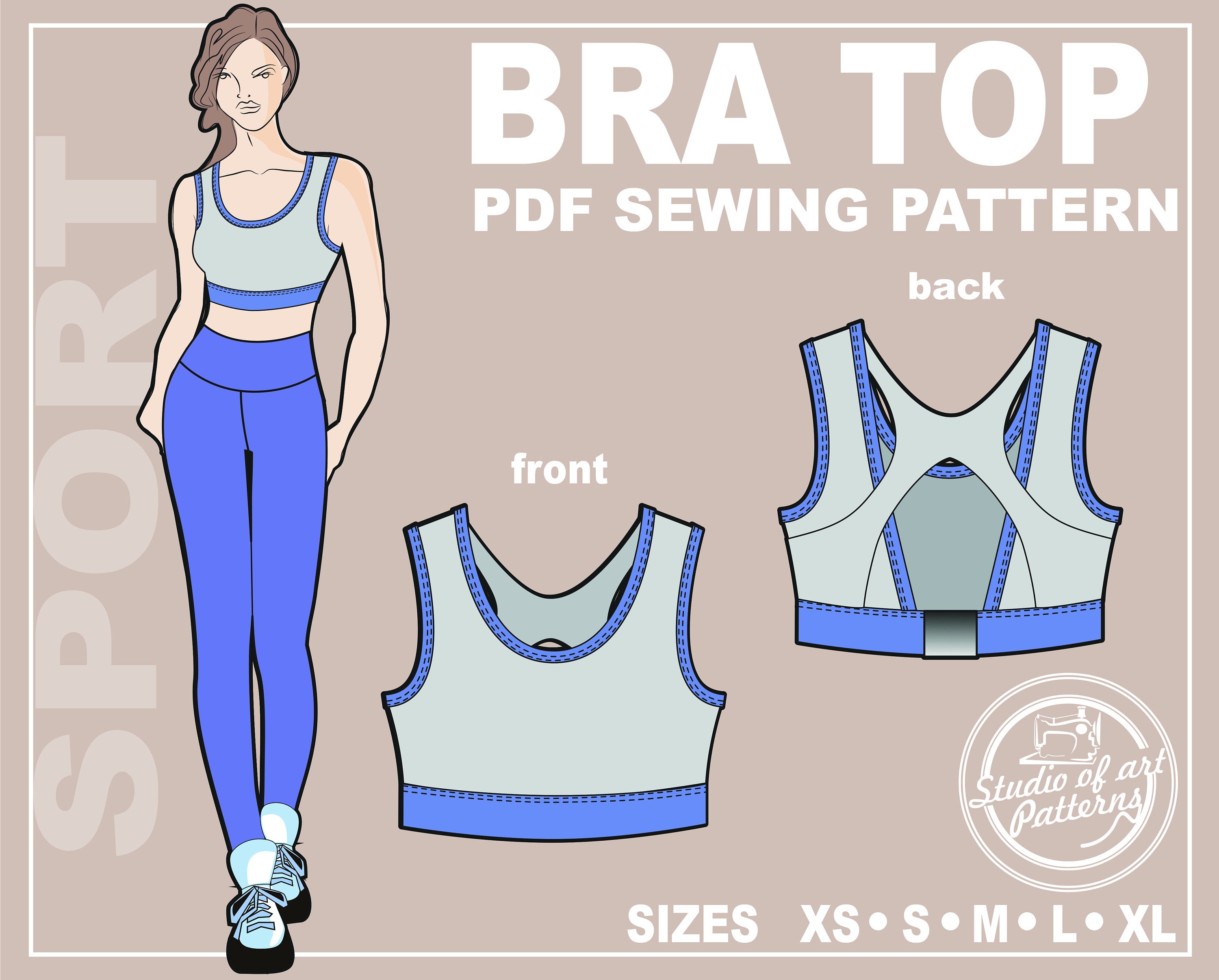 PATTERN SPORT BRA Top. Sewing Pattern Top Bra. Digital Pack 5 Sizes ...