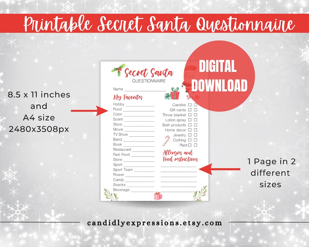 Printable Secret Santa Questionnaire, Gift Exchange Form (digital ...