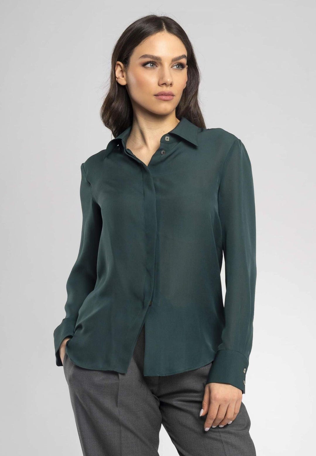 Vera Dark Green Italian Soft Silk Shirt - Classic, Elegant, and ...