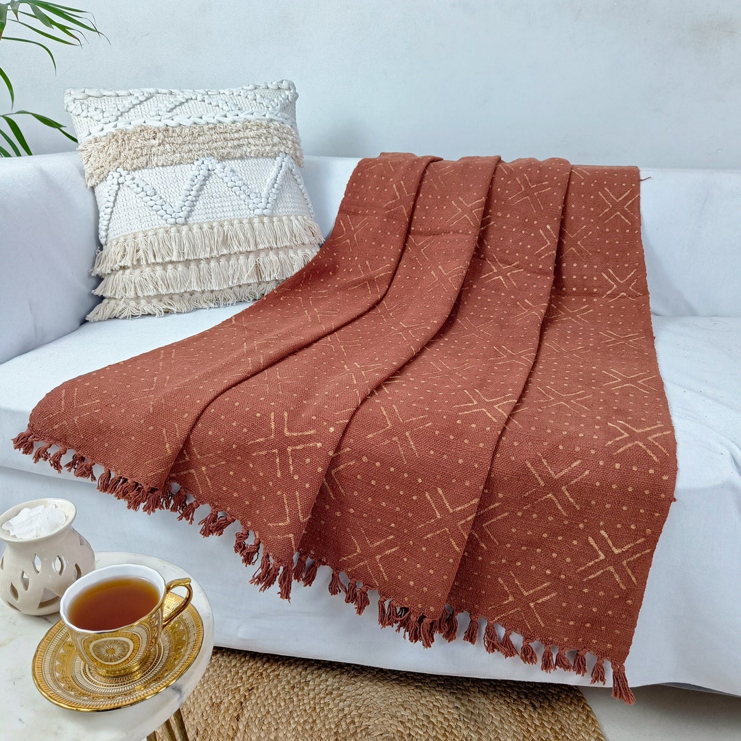 African Rust Color Hand Block Print Throws Mudcloth Fringes Blanket ...