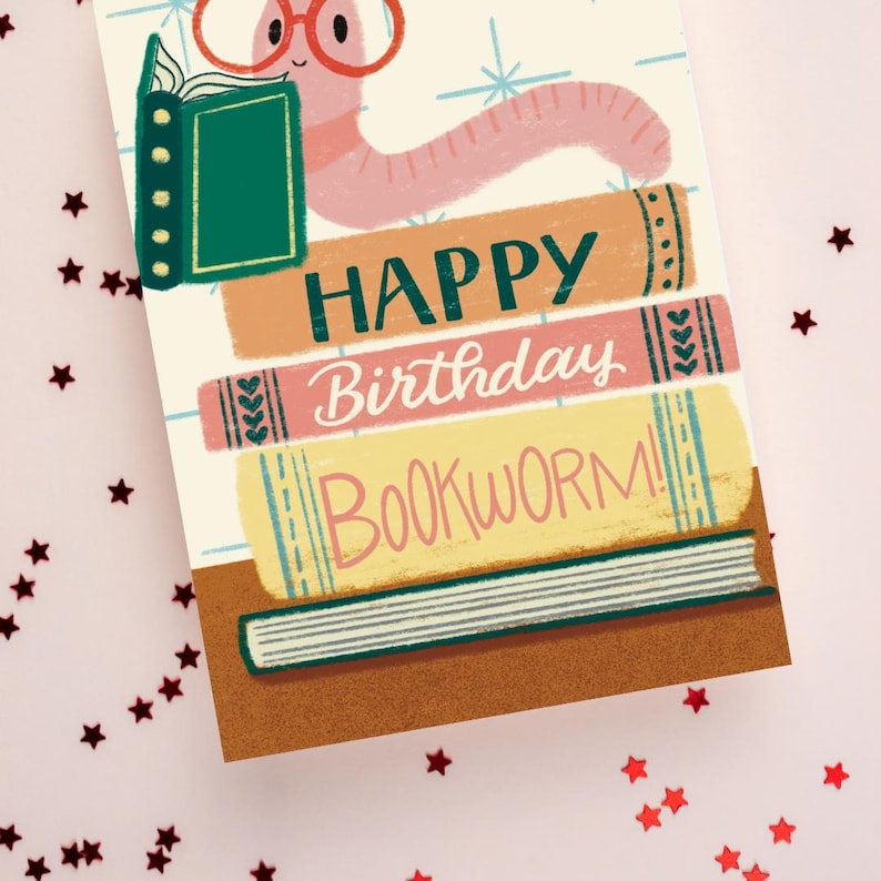 Happy Birthday Bookworm Card, Illustrated Books (blank Inside) - Etsy